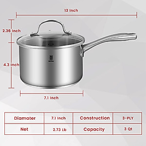 ROYDX Stainless Steel Sauce Pan with Lid, 3QT Saucepan with Stay-cool Handle, Induction Compatible Cooking Pot Multipurpose Use for Home Kitchen or Restaurant, Dishwasher Safe, Oven Safe