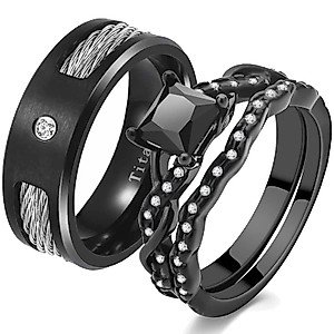 ringheart Couple Rings Matching Ring 1ct Black CZ Women Wedding Ring Sets for Him and Her His Her Wedding Ring