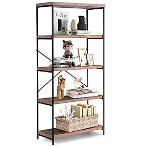 Giantex Industrial 5-Tier Wood Bookshelf - 63’’ Tall Open Storage Organizer Shelves with Anti-Tipping Device and Foot Pads, Steel Frame Bookcase Display Rack for Living Room, Bedroom, Office, Brown