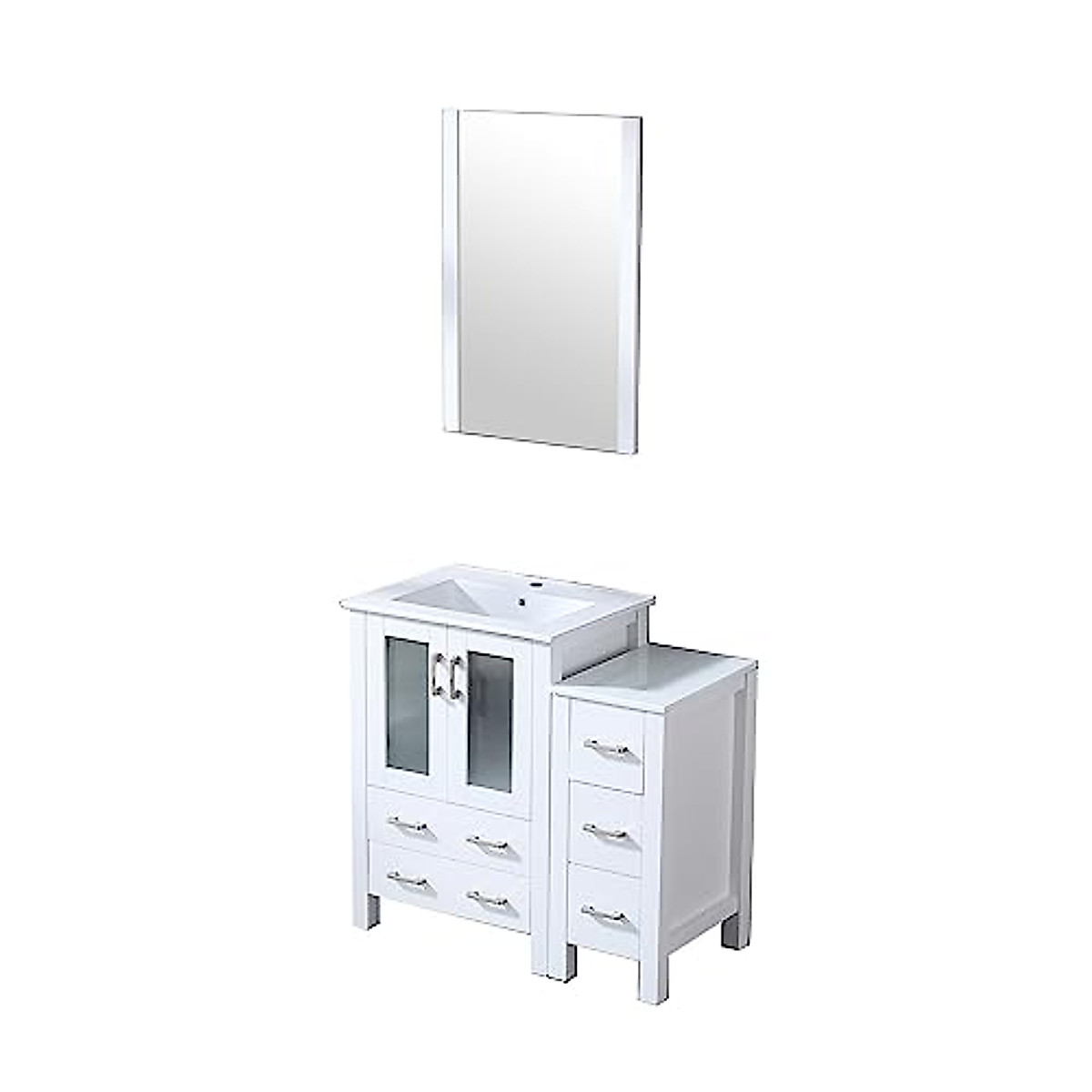 Bell+Modern Harborfront 36 in W x 18.25 in D White Bath Vanity with Side Cabinet, White Ceramic Top, and 22 in Mirror