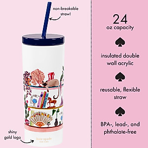 Kate Spade New York Insulated Tumbler with Reusable Straw, 20 Ounce Acrylic Travel Cup with Lid, Bookshelf