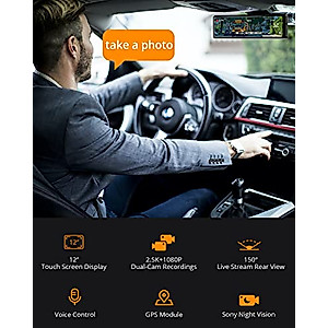 AKASO DL12 2.5K Mirror Dash Cam Voice Control 12" Touch Screen Front and Rear Dual Dash Camera for Cars Night Vision Backup Camera with Sony Starvis Sensor GPS G-Sensor Parking Assistance