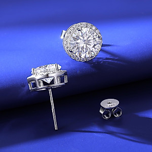 Moissanite Halo Stud Earrings Screw Back 0.2CT 3MM*2 18K White Gold Plated 925 Sterling Silver Lab Round Cut Brilliant D Color VVS1 Clarity Moissanite Halo Earrings for Women Men