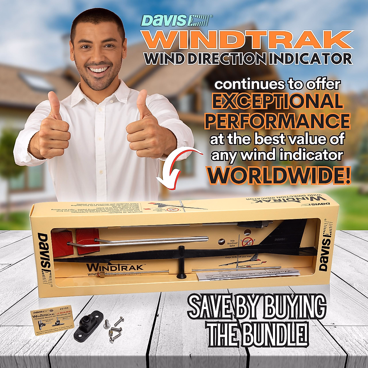 Davis WindTrak 15 Wind Vane Bundle for Sailing with J-Base Mount for Side, Top or Side Mounting (2 Items) - Wind Vane with Sapphire Jewel Suspension - Ideal Sailing Wind Indicator and Mount