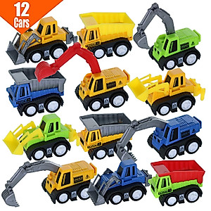 GiftExpress 1dz Mini Pull Back Construction Toy Cars, Educational Preschool Bulldoze Excavator Dump Truck Model Kit for Children Toddlers Kids, for Boys Party Favors