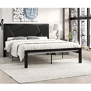 SHA CERLIN Modern Queen Size Metal Bed Frame with Geometric Litchi Grain Leather Upholstered Headboard, Platform Bed with 12" Under-Bed Storage Space, Metal Slat Support,No Box Spring Needed, Black