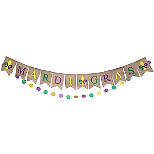 Mardi Gras Garland Burlap Banner - Fleur de Lis Mardi Gras Decorations - Mardi Gras Glitter Circle Dot Garland - Mardi Gras Party Decorations - Ready to Hang Mardi Gras Decor by Jolly Jon