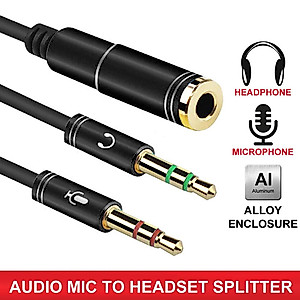T Tersely Headphone 3.5mm Splitter Mic Cable for Computer, Headset 3.5mm Female to 2 Dual Male Microphone Audio Stereo Jack Earphones Port Connector to Gaming Speaker PC Adapter