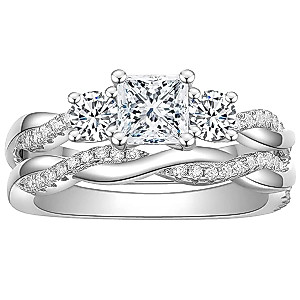 ZLAEBL Sterling Silver Center 1ct Three Stone Princess Cut Moissanite Engagement Wedding Anniversary Promise Ring Bridal Set 2 Pieces Engagement Rings for Women, 8