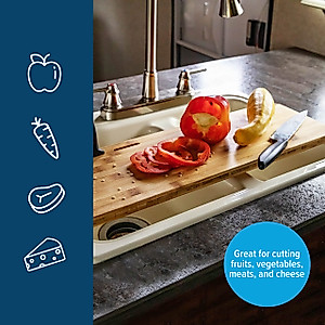 Camco RV/Marine Over The Sink Cutting Board | Features Adjustable Non-Slip Feet, Built-in Knife Slots, and a Durable 3-Ply Bamboo Construction | 24-inches x 8-inches (43543), Brown