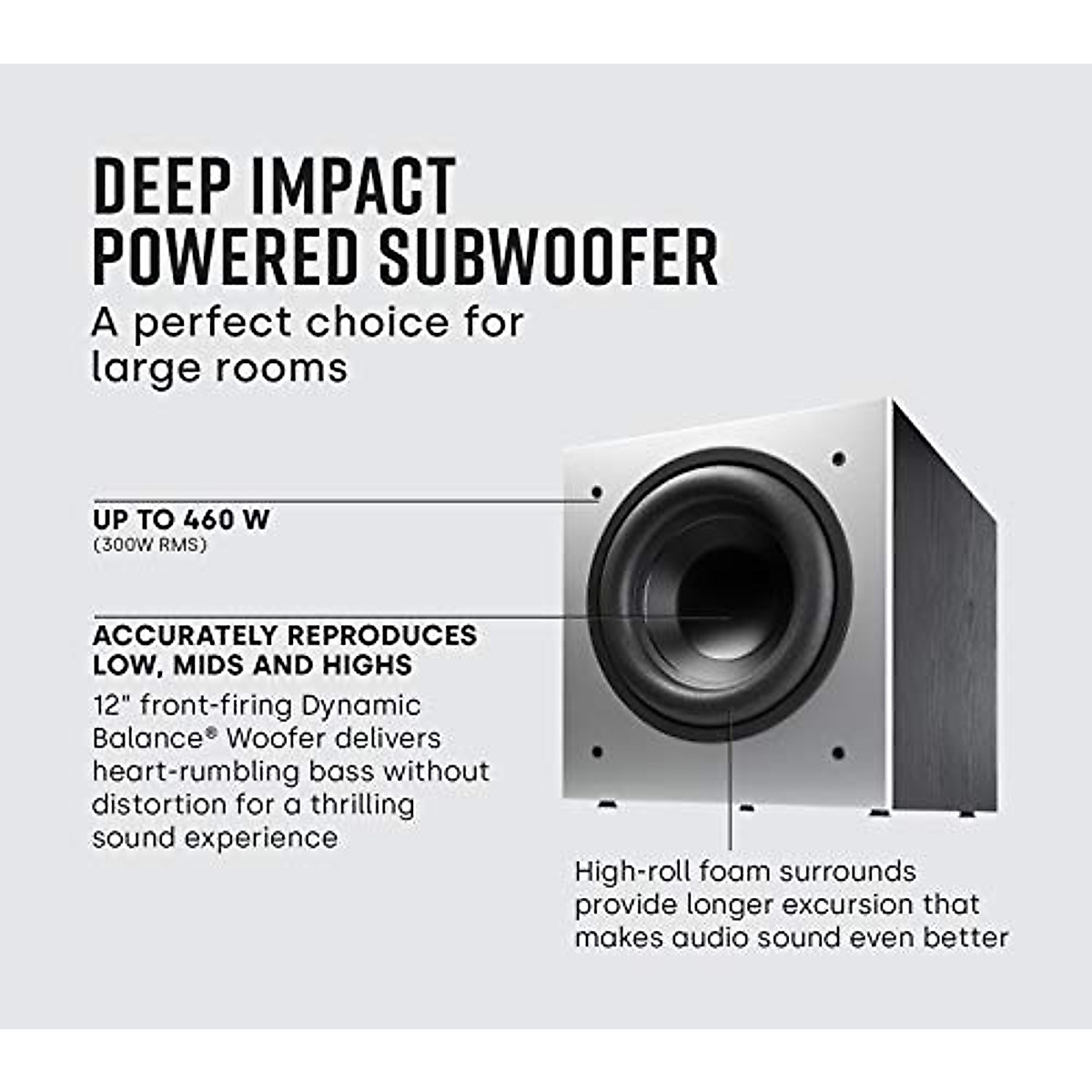 Polk Audio PSW505 12" Powered Subwoofer - Deep Bass Impact & Distortion-Free Sound, Up to 460 Watts, Easy Integration with Home Theater Systems, BLACK