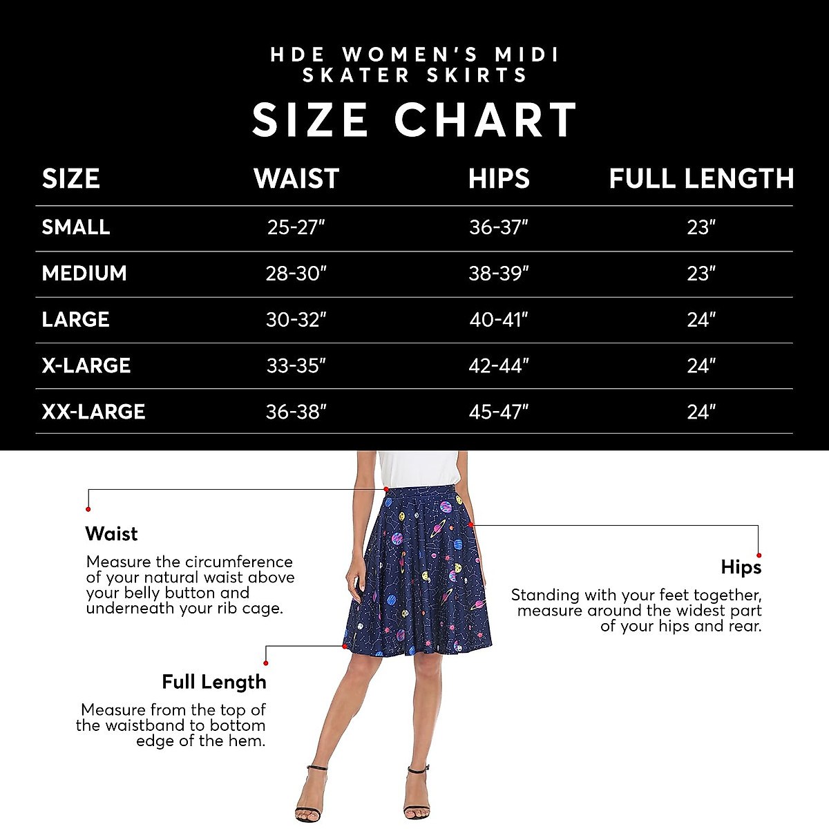 HDE Skirts for Women - Midi Skirt Skater Skirt Knee Length High Waist Fun Prints Blue & White Stars - XL
