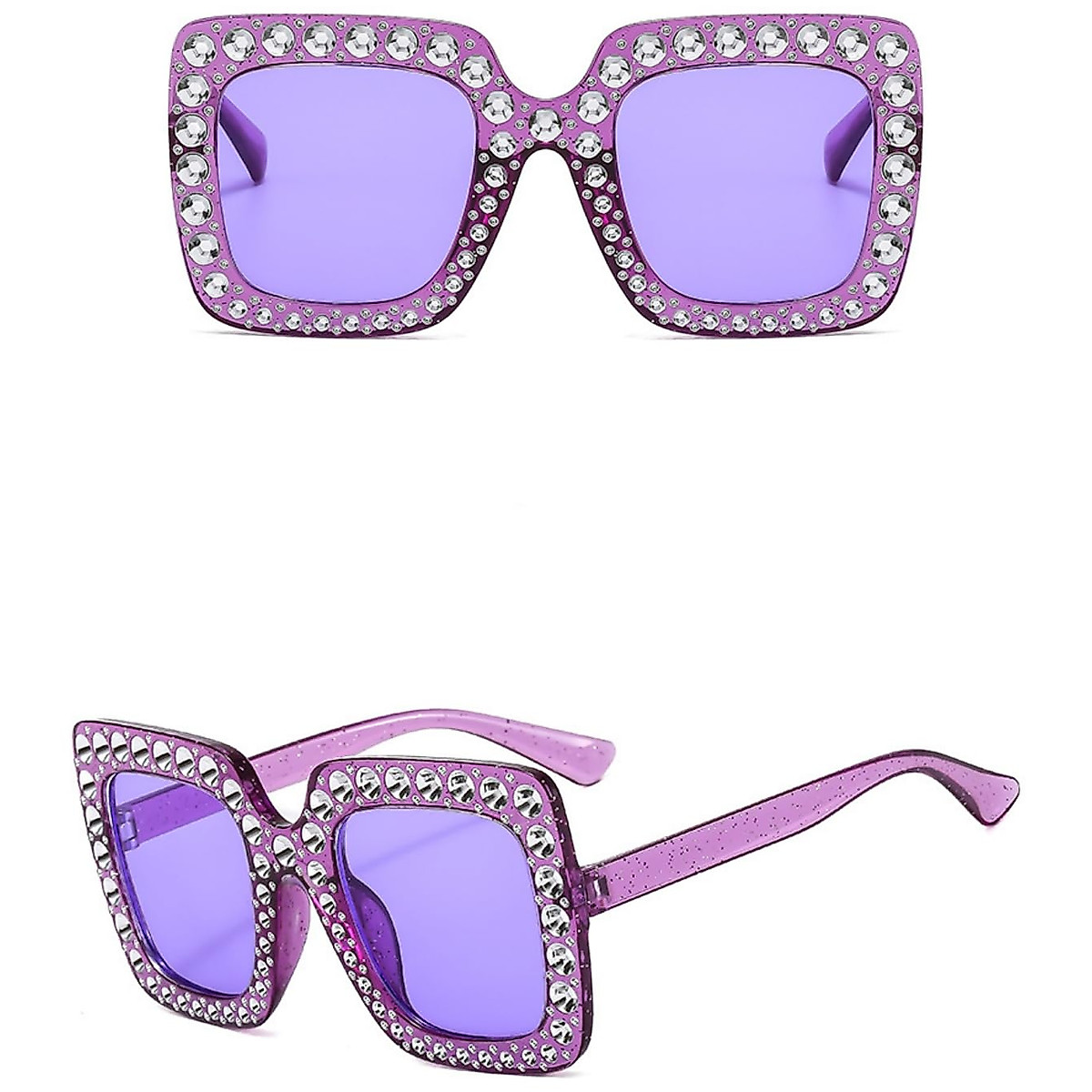 IKANOO Oversized Crystal Sunglasses for Women Square Thick Frame Bling Rhinestone Elton John Sparkling Glasses (Purple)