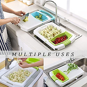 RUILOGOD 3 in 1 Kitchen Multifunction Sink Strainer Plastic Cutting Board Storage Basket, Over the Sink Chopping Board with Containers Retractable Drain Basket for Cutting Washing Draining (Gray)