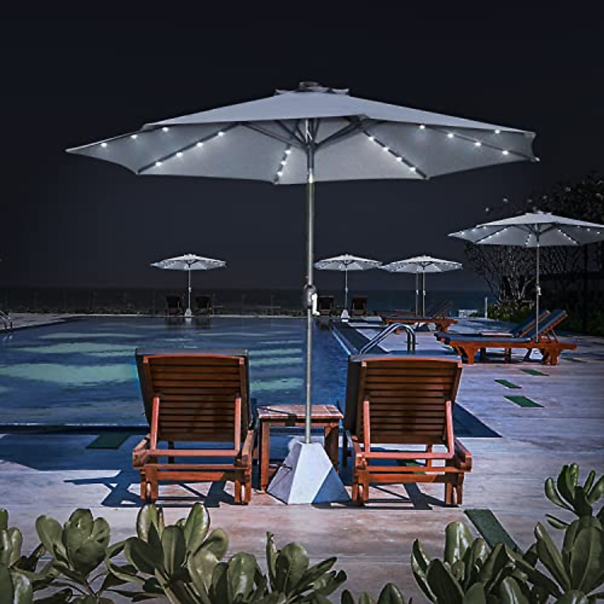 JMEXSUSS 9ft Patio Umbrella with Solar Lights, 32 LED Lighted Umbrella Outdoor Patio Table Umbrella, 8 Ribs Market Umbrella w/Tilt Adjustment and UV-Resistant Fabric, Grey