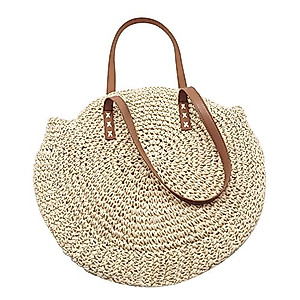 Round Woven Zippered Shoulder Bag,Handbags Beach Straw Bag Large Handmade Weaving Shoulder Bag Natural Chic Women Straw Woven Tote Summer Beach Tote for Women Vacation and Daily Use(Off-white
