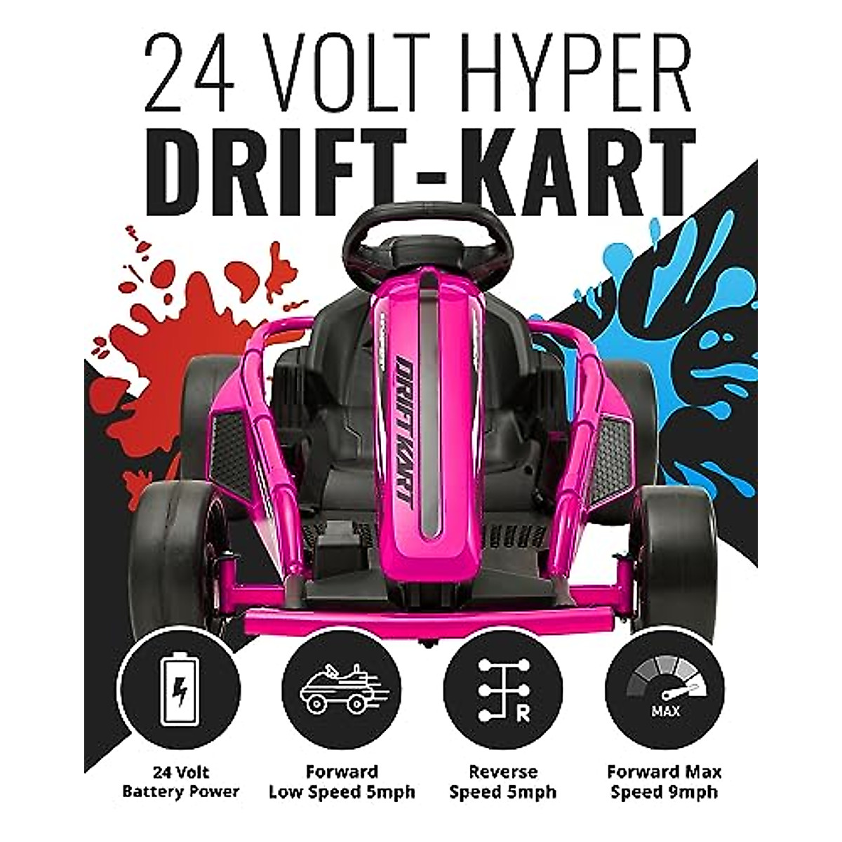Hyper 24V Ride-On Electric Go Kart for Kids 8-14 Years, 3-Speed Setting with Drift Kart Mode, Foot Accelerated Pedal, Up to 9MPH Speed, 154 Lbs Max Weight, Ergonomic Seat & Sturdy Steel Frame, Pink