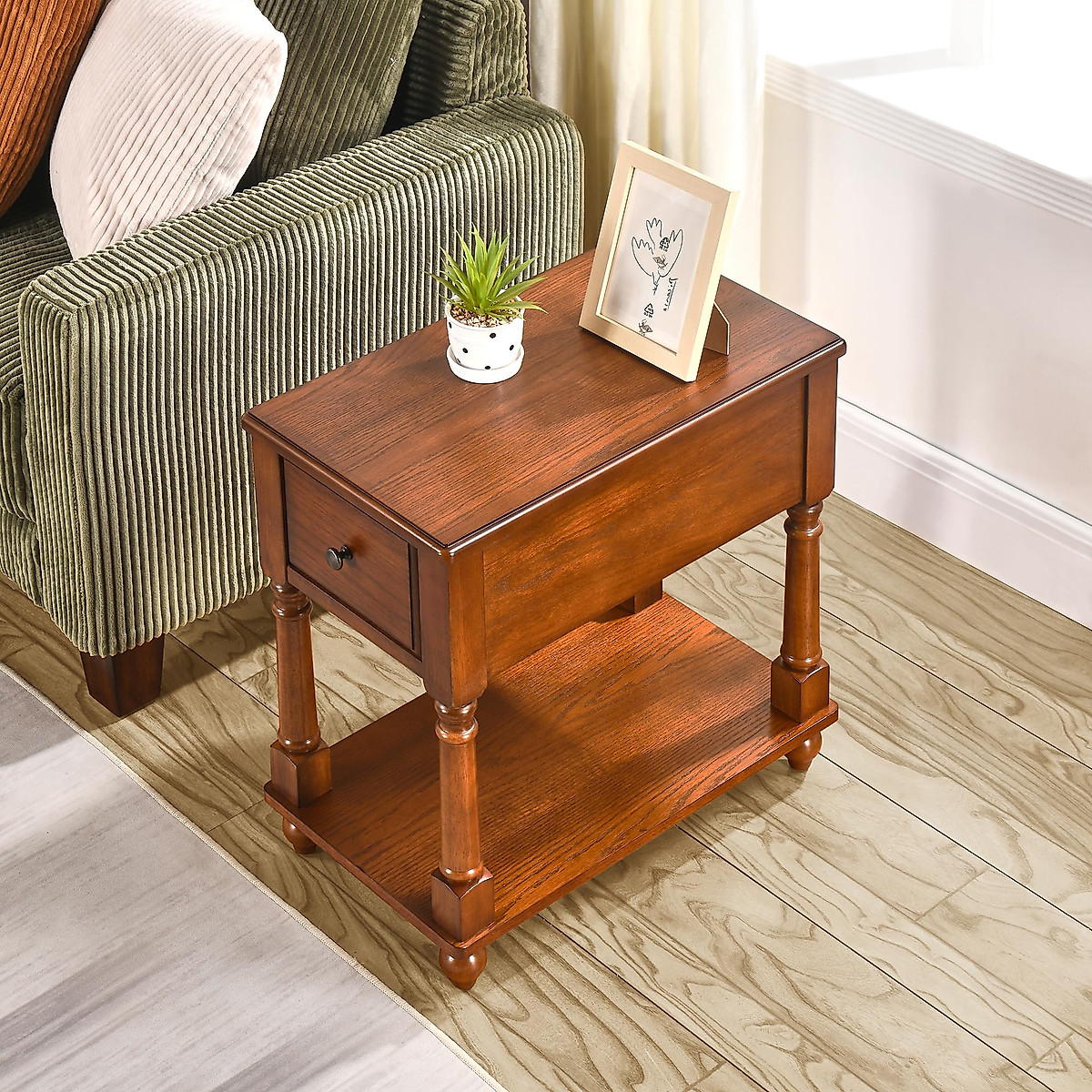 JESONVID Narrow End Table with Drawer and Shelf, Solid Wood Sofa Side Table 2-Tier Skinny Table with Storage Slim Bedside Table for Small Spaces Living Room-Cherry Brown