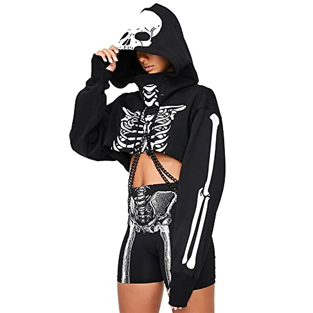 RARITYUS Women Gothic Reflective Skeleton Hoodie Crop Top Iron Chain Bandage Long Sleeve Pullover Sweatshirt for Rave Halloween Costume