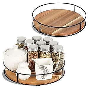 [ 2 Pack ] 9" & 10" Acacia Wood Lazy Susan Organizers with Steel Sides, Lazy Susan Turntable for Cabinet, Kitchen Turntable Storage for Table, Countertop, Pantry