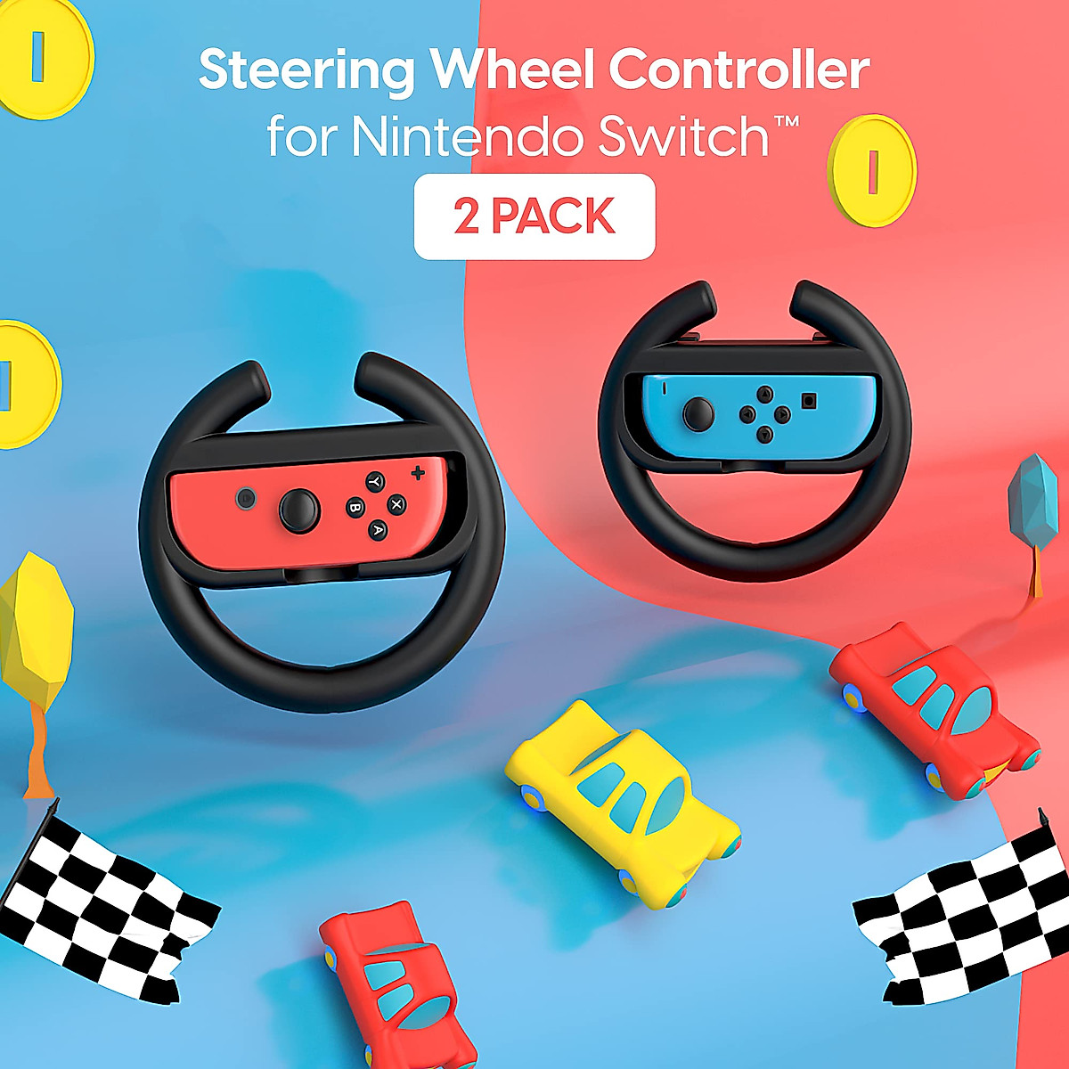 TALK WORKS Nintendo Switch Racing Wheel Controllers - Grips for Joy-Con - Driving Grip Accessory with Comfortable Design for Smooth Gaming - Compatible with Switch OLED - Black, 2 Pack