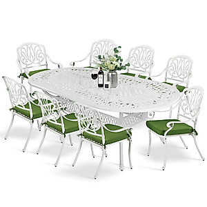MEETWARM 9-Piece Outdoor Patio Dining Set- 8 Outdoor Dining Cushioned Chairs and 1 Oval Table with 2" Umbrella Hole, All Weather Cast Aluminum Patio Funiture Set for Backyard, White