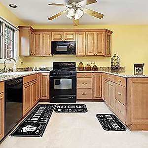 3 Pcs Kitchen Rug Set Non Skid Thick Black Kitchen Rugs and Mats Stain Resistant Anti Fatigue Mats for Kitchen Microfiber Floor Non Slip Backing Mat, 15.7" x 47.2", 15.7" x 23.6" (Kitchen Style)