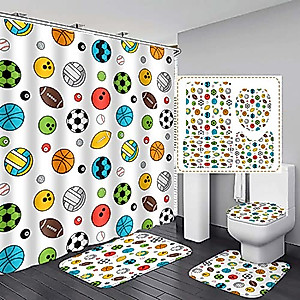 EARVO 4PCS Colorful Ball Games Shower Curtain Sets with Non-Slip Rugs U-Shaped Mat Toilet Lid Cover Exercise Sports Bathroom Decor with 12 Hooks 71x72 in Polyester Fabric SETMYEA127