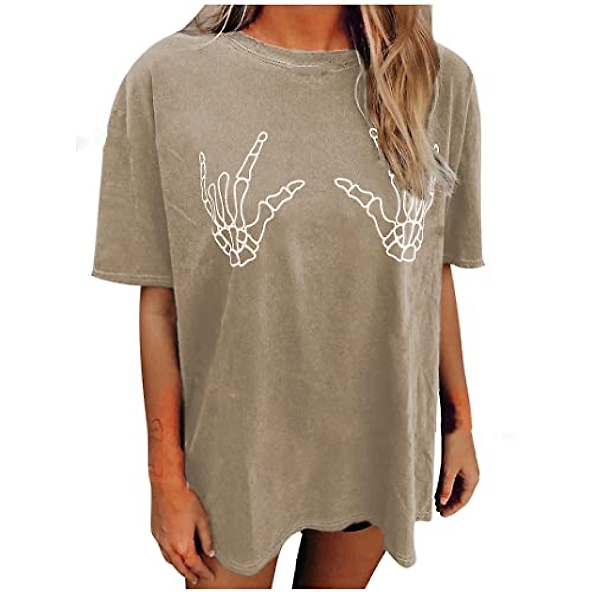 Avanova Women's Skull Graphic Print Oversized Tee Short Sleeve Casual Summer Loose T Shirt A Khaki Medium