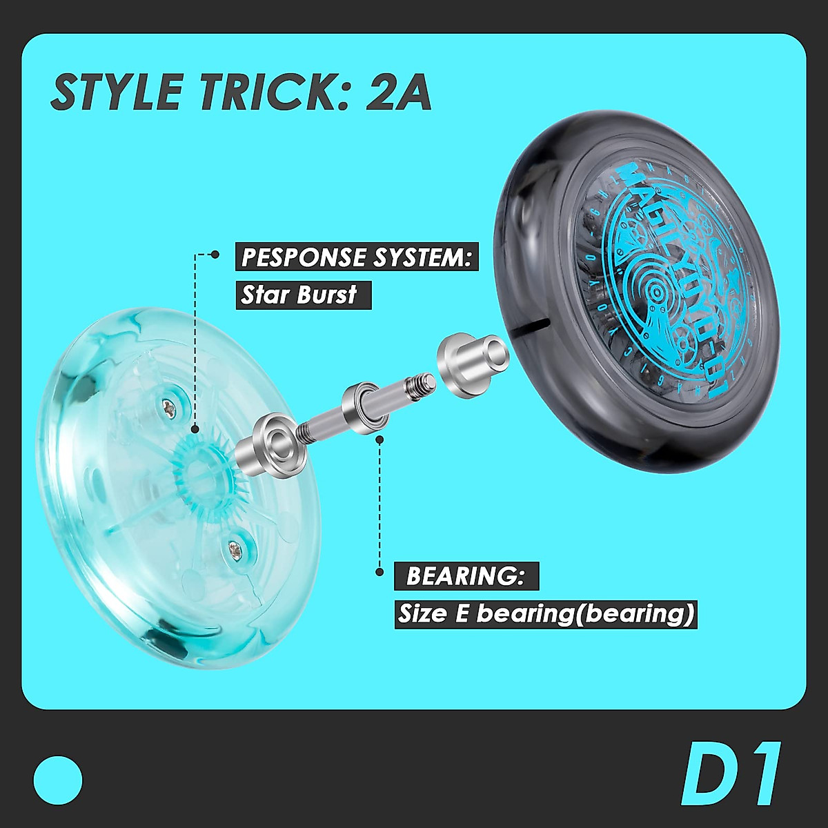 Looping Yoyo D1 Responsive Yoyo for Kids - 2A Loop Yoyo for Beginner, Starter Yoyo Easy to Play Basic String Tricks Yoyo with 12 Yoyo Strings, 2 Bags, 2 Yoyo Gloves(Crystal Black and Crystal Blue)