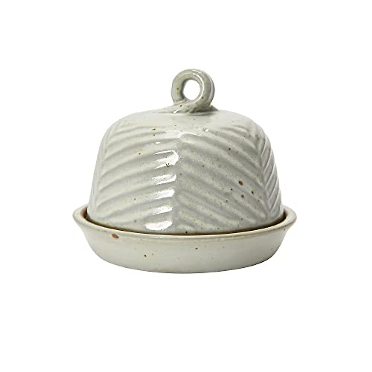 Creative Co-Op Embossed Stoneware Domed Dish with Handle, White Reactive Glaze Food Storage, 6" L x 6" W x 5" H, Multicolor