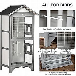 PawHut 60" Wooden Outdoor Bird Cage for Finches, Parakeet, Large Bird Cage with Removable Bottom Tray 4 Perch, Light Gray
