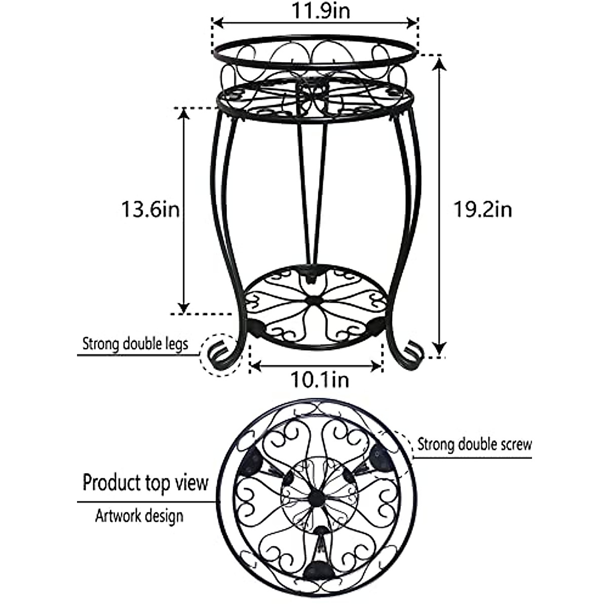 Metal Plant Stand Indoor Outdoor for Round Flower Pot, 2 Tier Potted Holder Rack Rustproof Wrought Iron Heavy Duty Planter Shelf for Corner Living Room Balcony Garden Patio, 19.2 inch, Black