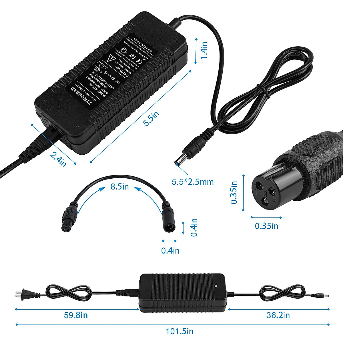42V 2A Charger Power Adapter DC 1-Prong Connector with 3 Prong 8mm Converter for 36V Li-ion Battery Charger Compatible with Gotrax APEX Cityscape Ebike