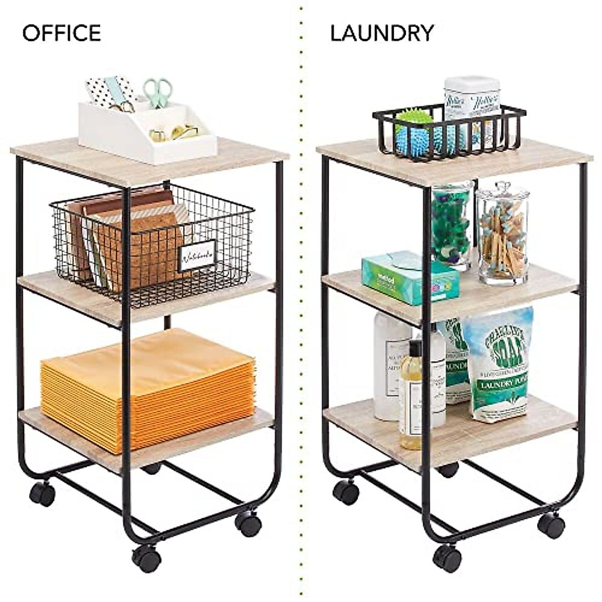 mDesign Metal Wood 3-Tier Rolling Household Storage Cart to use in Bathrooms, Kitchen, Craft Rooms, Laundry Rooms, and Kid's Rooms - Portable, Includes 4 Caster Wheels - Natural/Black