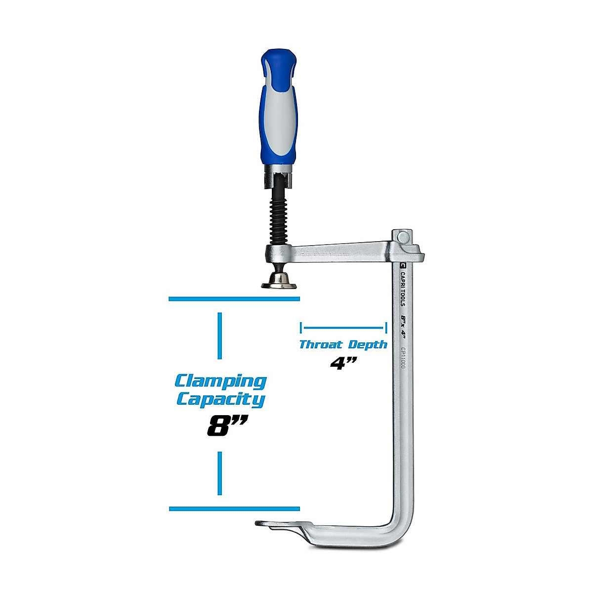 Capri Tools CP11000 8-Inch All Steel Bar Clamp with Foldable Ergonomic Handle, 4-Inch Throat Depth, 922 lb Clamping Force