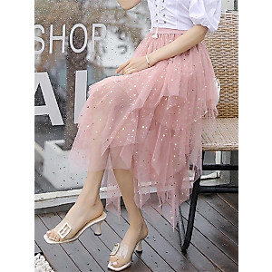 Reaowazo Tulle Skirts for Women Midi Long Fairy Skirt Tutu A-Line Mesh Layered High Elastic Waist Halloween Skirts Pink Sequin One Size