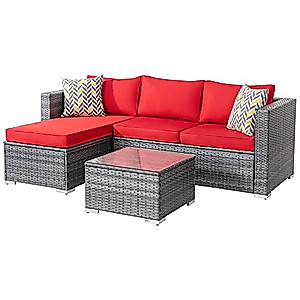 Shintenchi Patio Furniture Sets Outdoor Sectional Sofa Silver All-Weather Rattan Wicker Small Patio Conversation Couch Garden Backyard with Washable Couch Cushion and Glass Table 3 Pieces Red