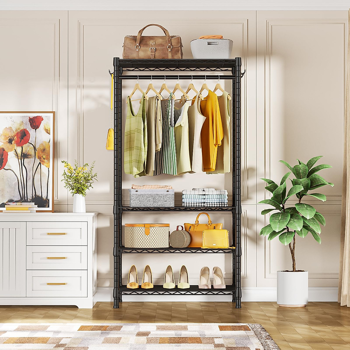 Ulif Portable Closets, 4 Tiers Garment Rack and Metal Clothes Organizer Wardrobe, Suitable for Bedroom, Apartment, Cloakroom, 25.6" W x 15.7" D x 73.2" H, Black