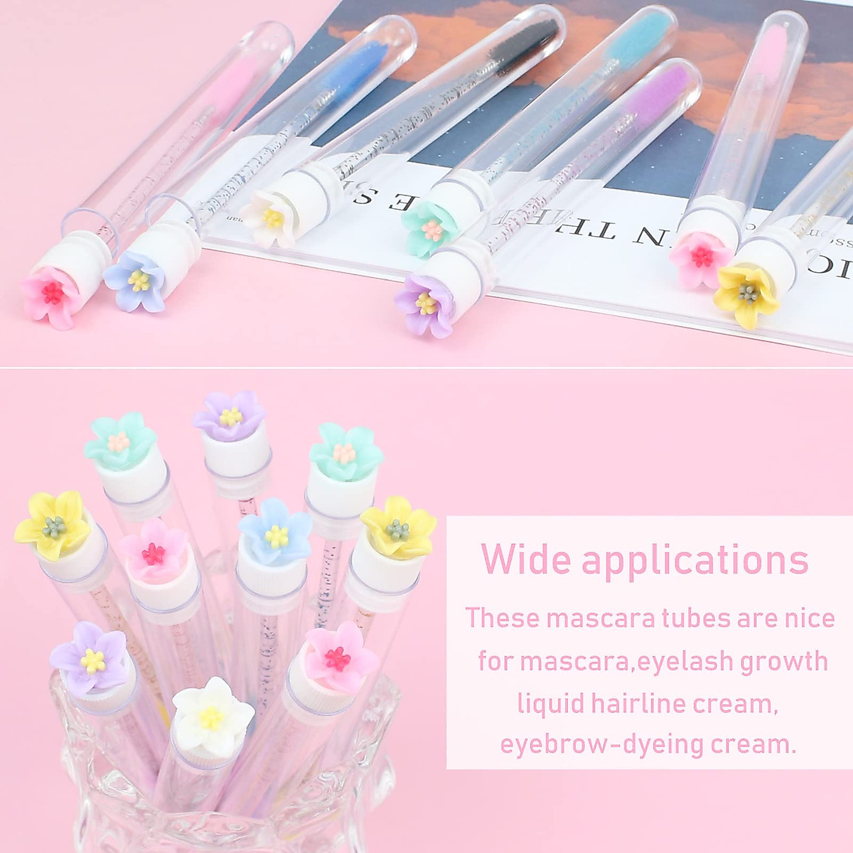 SenRocc 20 Pcs Mascara Wands Tube Set Reusable Lash Brush Rose Flower Tube Eyelash Brush Tubes Spoolies Lash Extension Brushes Applicators Makeup Tools (5-petal-MIX)
