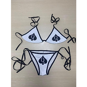 BBC Queen of Spades QOS Bikini (Adjustbale Top,Bottom) Set Micro String Thongs Women Swimsuit Free Size Hardcore Words Phrases (White)