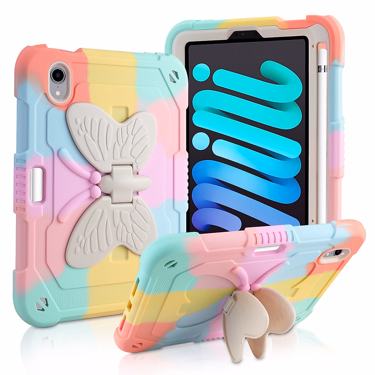VOFUOE for iPad Mini 7 Case for iPad Mini 6 Case with Kickstand Butterfly Wings Pencil Holder, Heavy Duty Hard Rugged Cover for Kids Girls for iPad Mini 7th/ 6th Gen 2024 2021 8.3 Inch -Rainbow Pink