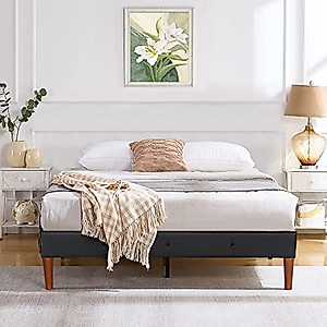 VECELO Premium Faux Leather Upholstered Platform Bed Frame/Mattress Foundation/No Box Spring Needed/Strong Wood Slat Support PU Black, (Queen)