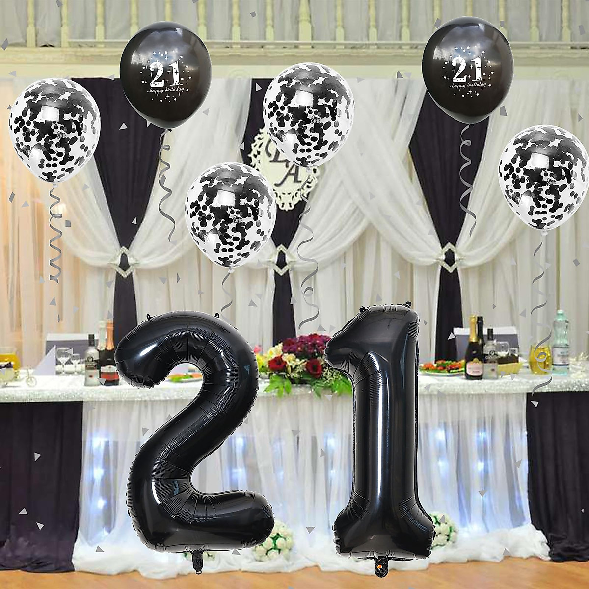 21st Birthday Balloons Black, 21st Birthday Decorations for Him with Large Number 21 Foil Balloon Birthday Confetti Balloons Metallic Black Latex Balloons for Her Girls Boys 21 Years Old Bday Decor