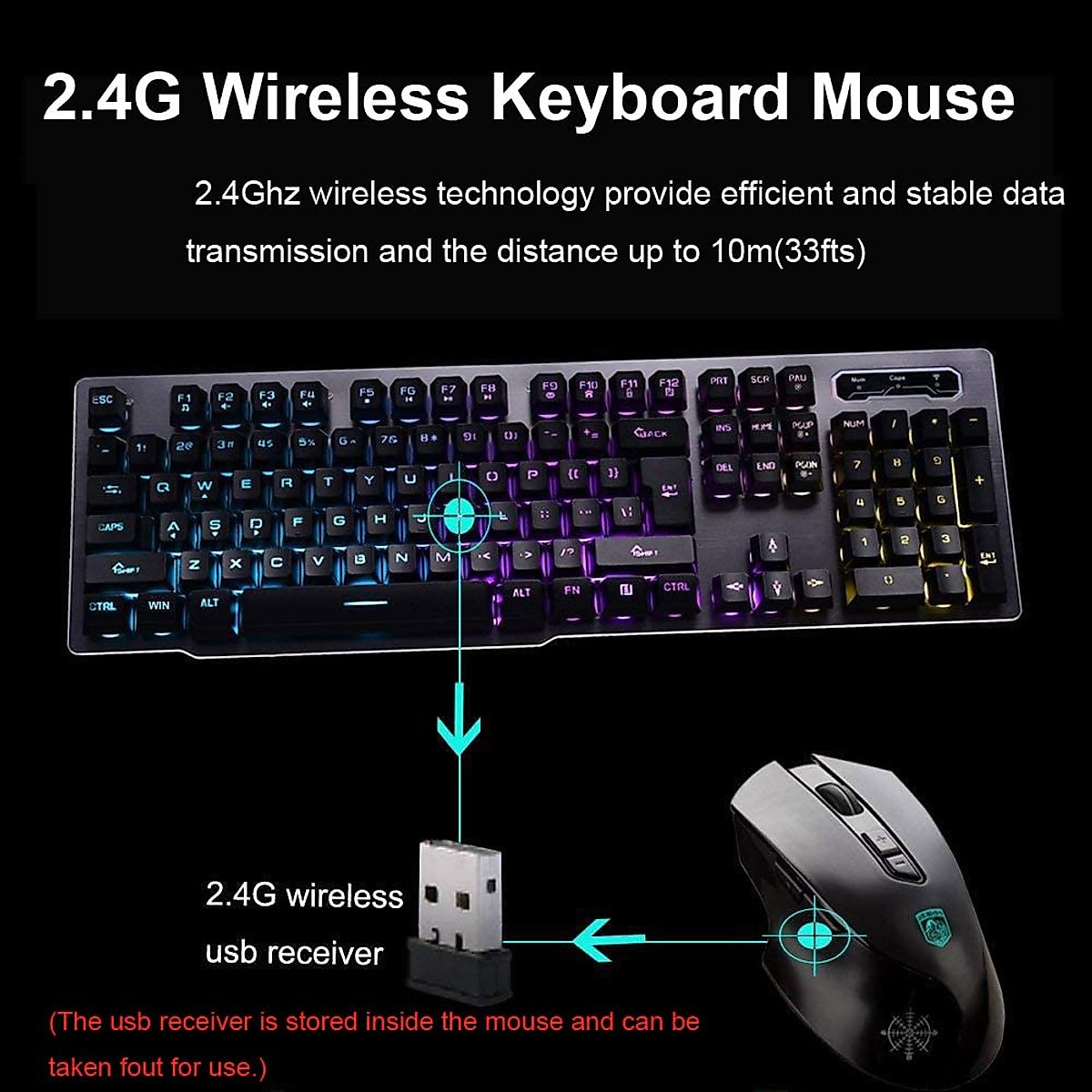 Rechargeable Keyboard and Mouse,Suspended Keycap Mechanical Feel Backlit Gaming Keyboard Mouse Set-Wireless 2.4G Drive Free,Adjustable Breathing Lamp,Anti-ghosting,12 Multimedia Keys (Black-RGB)