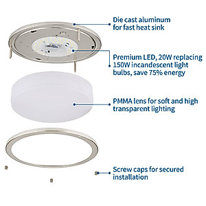 DAKASON 2Pack LED Flush Mount Ceiling Light Fixture 13” 20W, On/Off Switch to Select 3000K/4000K/5000K, Dimmable Ceiling Lamp for Kitchen, Hallway, Stairwell, Brushed Nickel