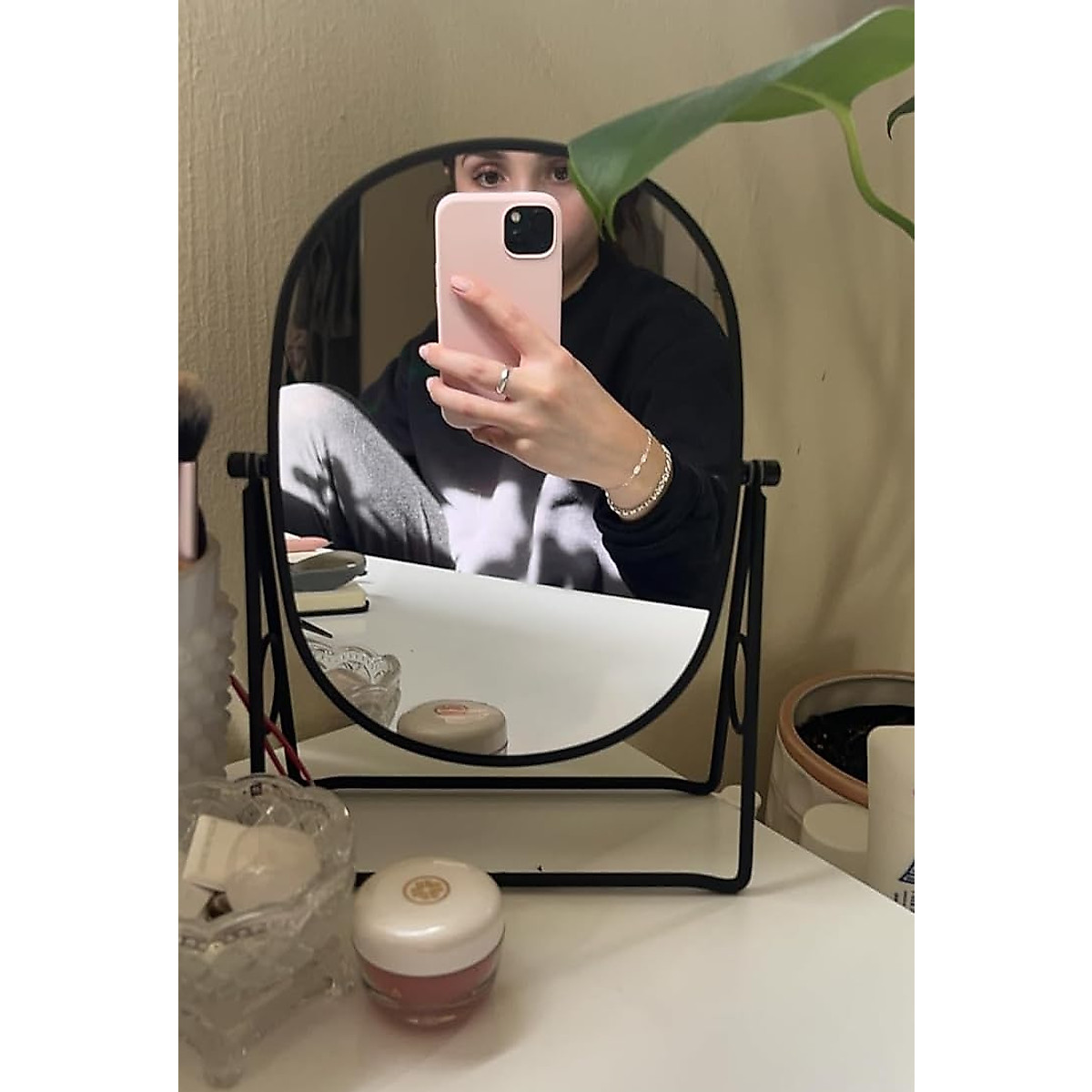 JOYOEIKON Tabletop 5x/1x Magnifying Makeup Mirror with Squared Bamboo Tray Small Desk Mirror 360° Rotation Vanity Mirror with Stand Desktop Cosmetic Mirror