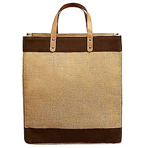 Preferred Nation Kona Jute Tote (Set of 2), Burlap with Leather Handles, Extra Wide for Grocery, Shopping, Beach, Outting Tote, Eco Friendly Brown
