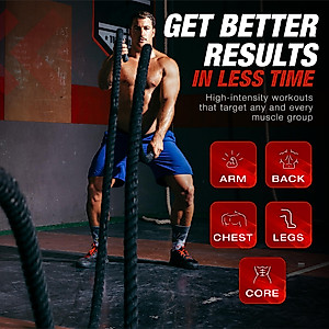 Pro Battle Ropes with Anchor Strap Kit and Exercise Poster – Upgraded Durable Protective Sleeve – 100% Poly Dacron Heavy Battle Rope for Strength Training, Cardio Fitness, CrossFit Rope (1.5” x 30 ft)