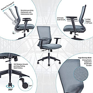 Farini Office Chair, Mid-Back Ergonomic Mesh Chair Executive Swivel Desk Chair with Lumbar Support Adjustable Height Arm (Grey)
